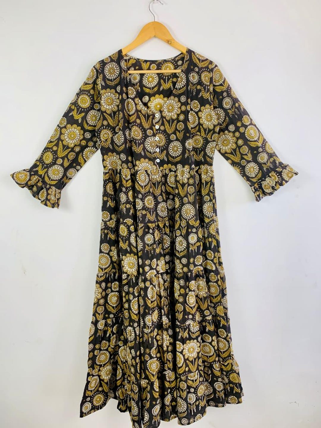 Black Floral Hand Block Print Kyra Midi Dress | Bohemian Cotton Dress ...