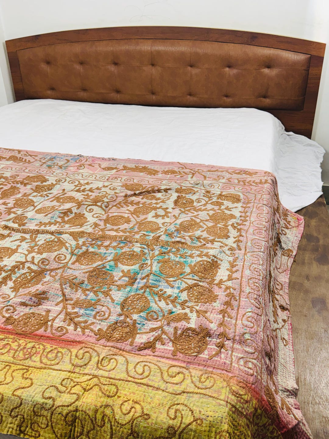 Heavily Embroidered Kantha Quilt | Pink & Brown Floral Bedspread ...