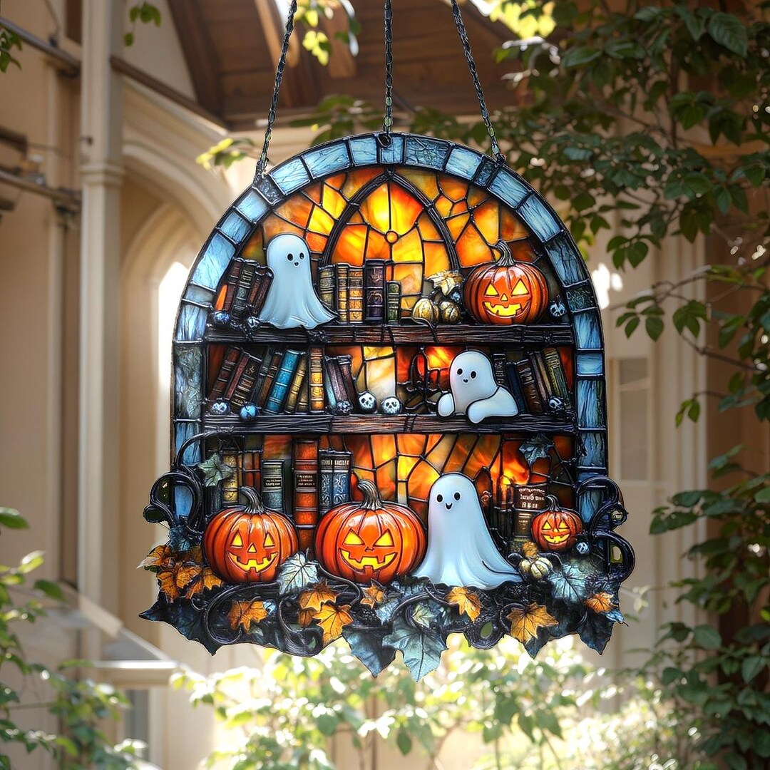 Halloween Ghost Library Acrylic Faux Stained Acrylic Suncatcher Pumpkin ...
