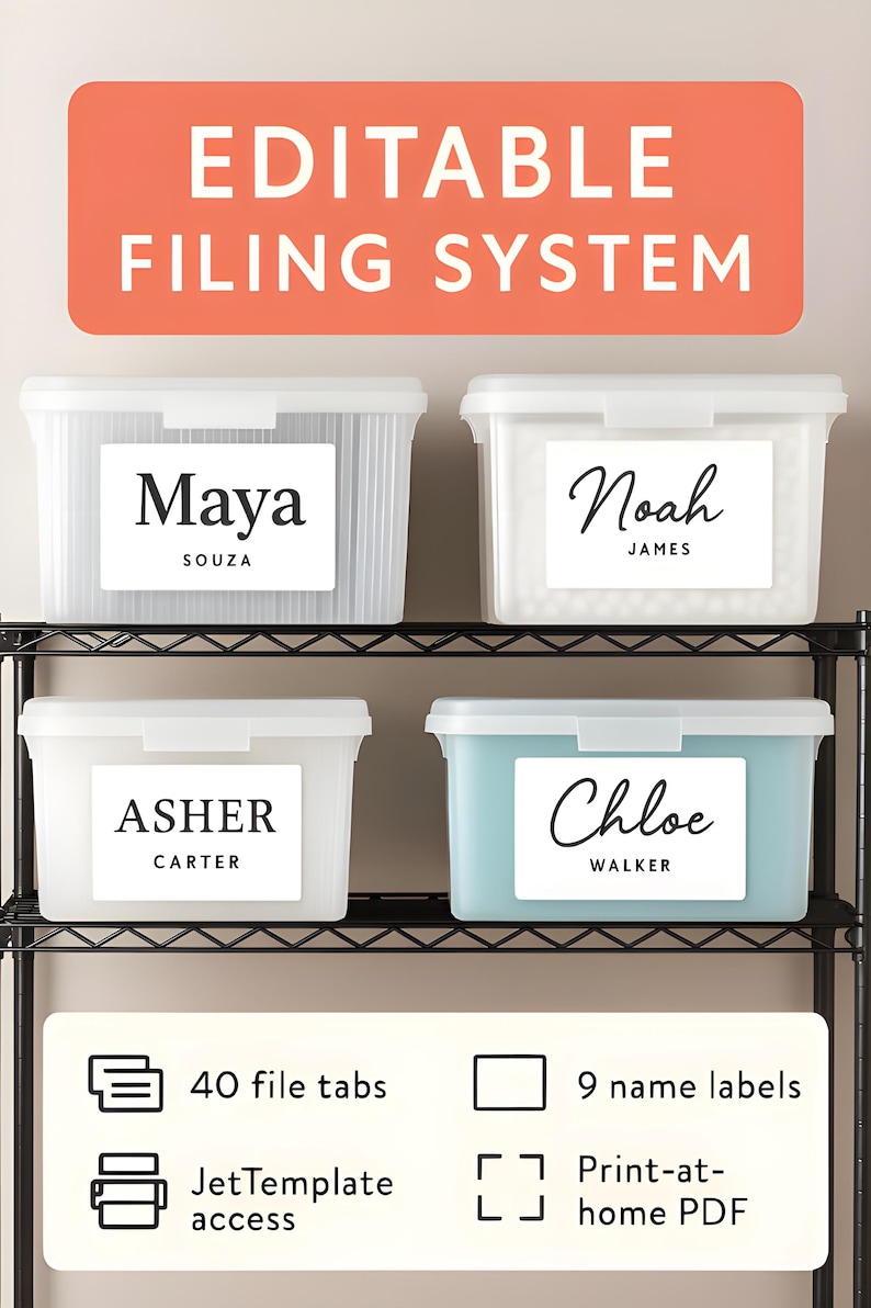 Editable Folder Tab Labels (1/5 Cut) – 40 Printable File Tabs + 9 Name ...