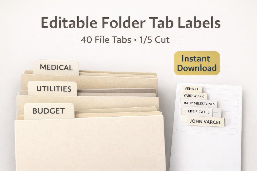 Editable Folder Tab Labels, 40 File Tabs, 1/5 Cut (instant Download ...