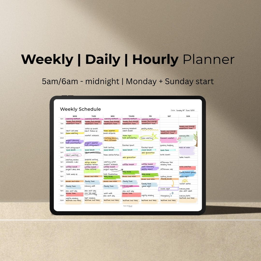 Weekly Hourly Planner Printable | Sunday or Monday Start | 5AM/6AM ...