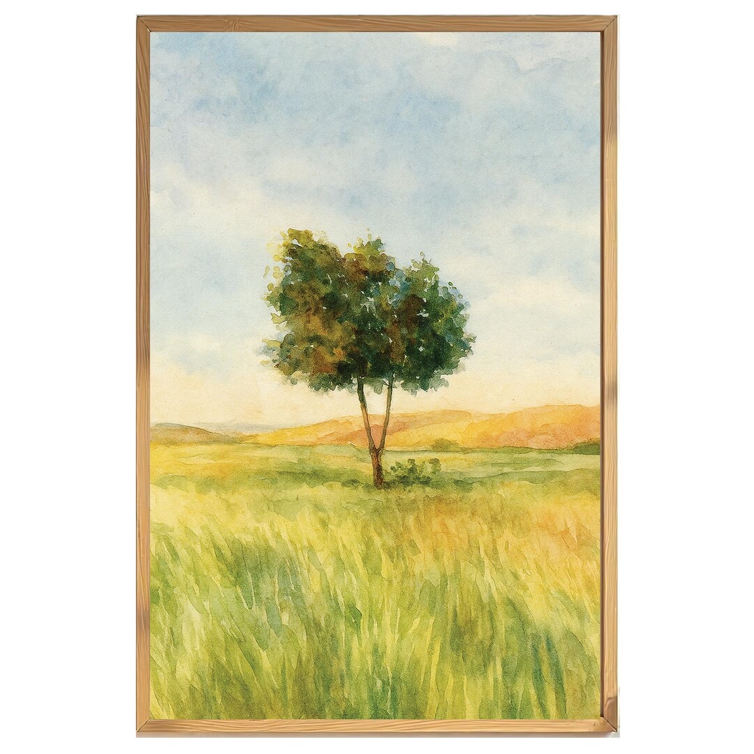 Lone Tree in Grassland, Watercolor Nature Art Print, Printable Download ...