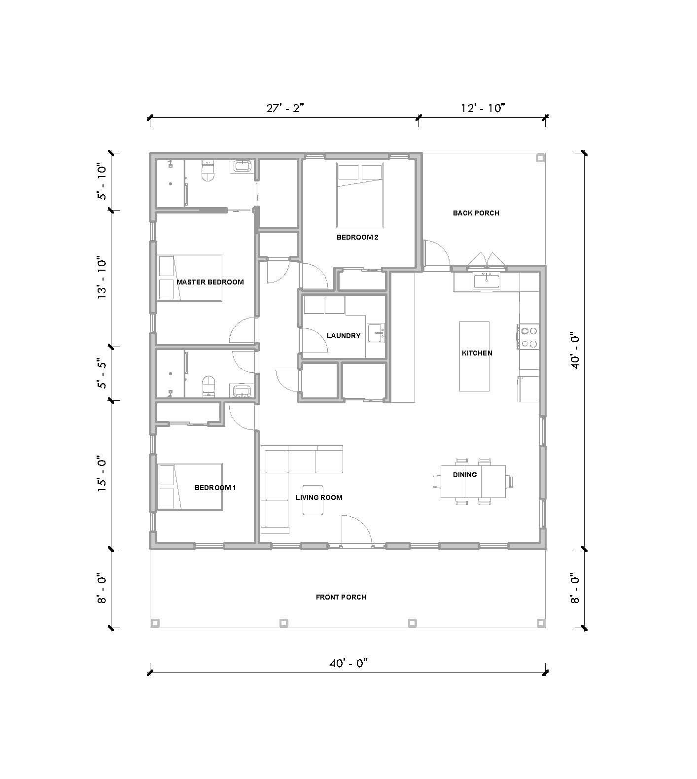 House Plan | 3 Bedroom 2 Bath | 40x40 Feet | 1,600 Sq Ft Floor Plan ...