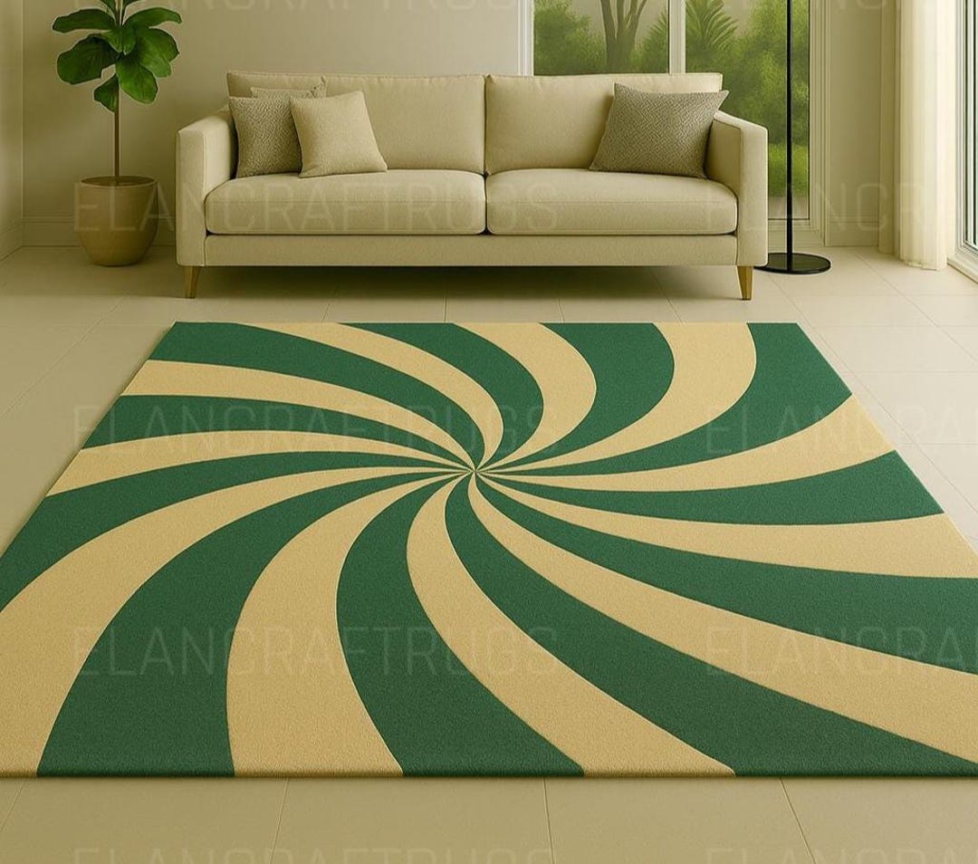 Optical Illusion Swirl Area Rug: Modern Green and Beige Abstract Carpet ...