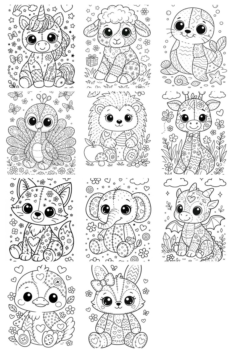 Patchwork Animal Coloring Book – 22 Cute Kawaii Animal Pages | A4 ...
