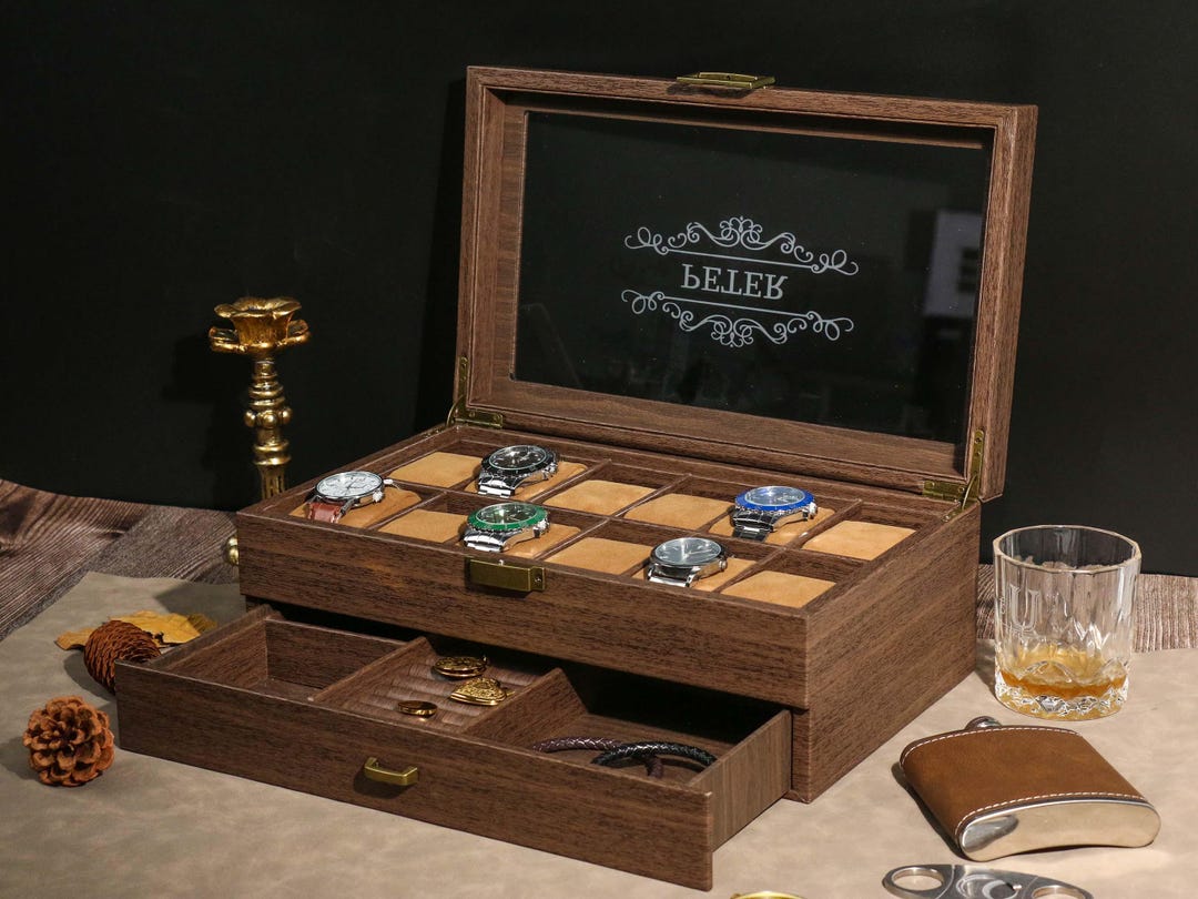 TWO Layers 12 Slot Personalized Men's Watch Box,engraved Watch Display ...