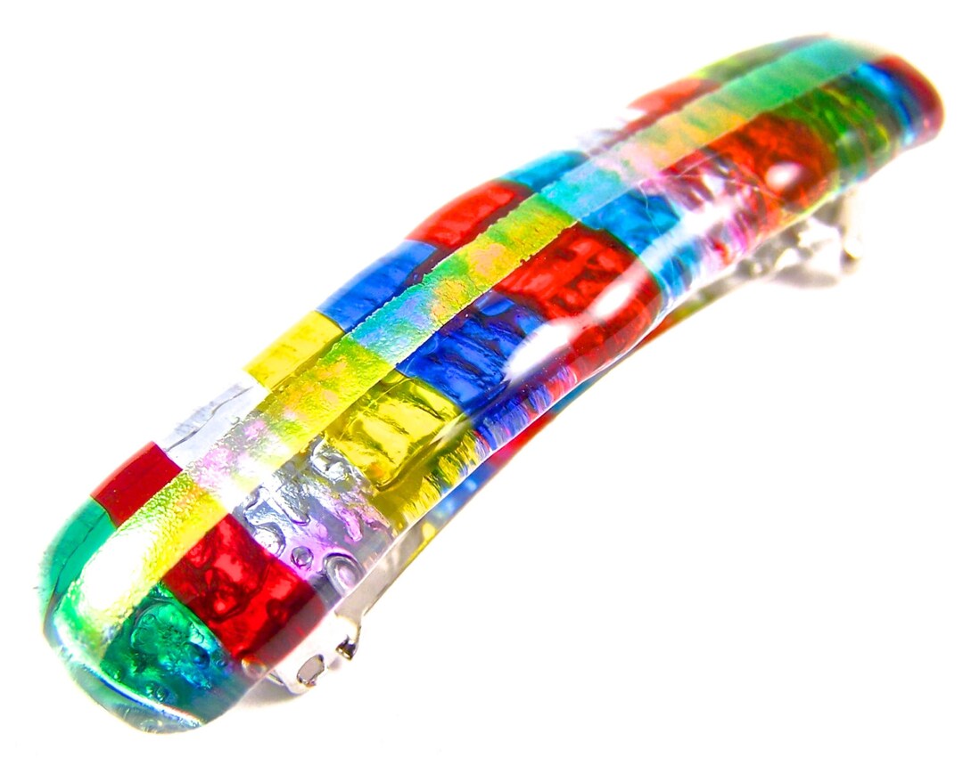 Dichroic GLASS Barrette / Bright Rainbow Striped Green Red Amber Yellow ...