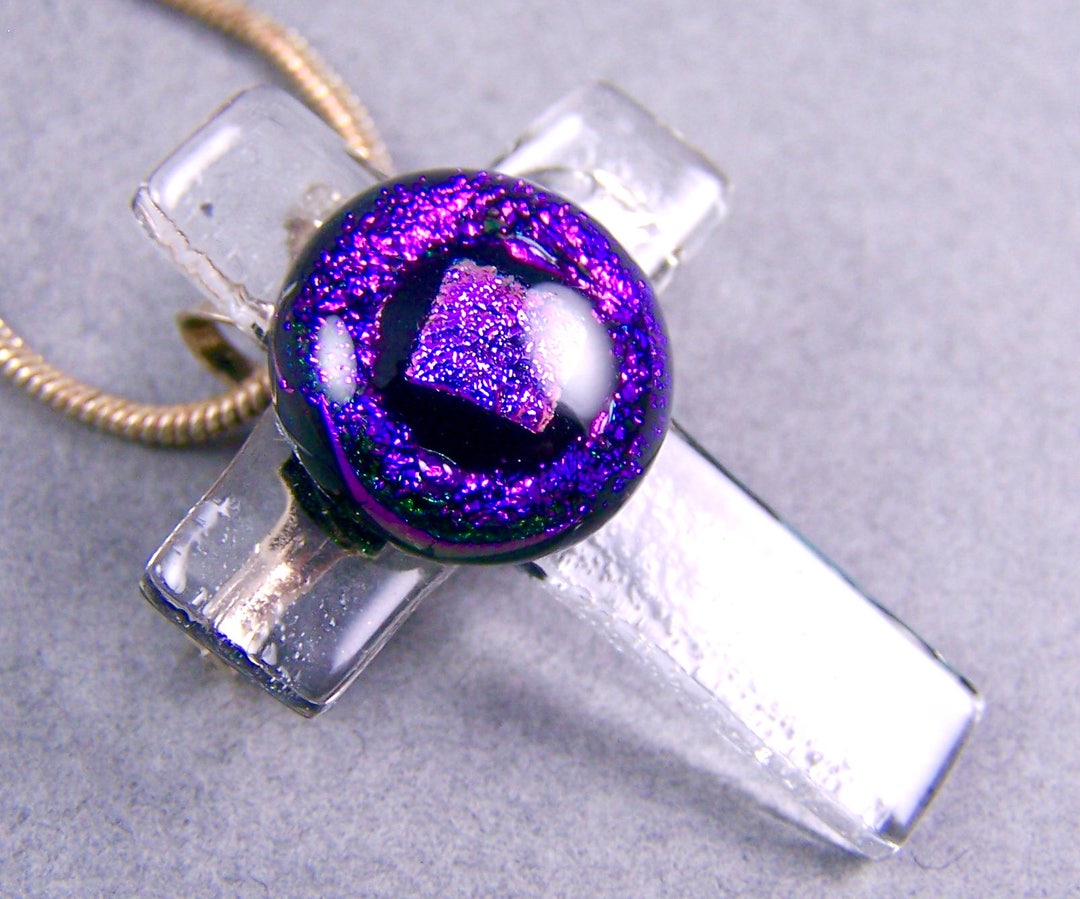 Dichroic Glass Cross Pin & Pendant Pink Violet Purple W Clear Window ...