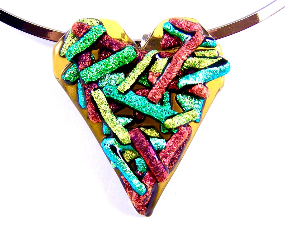 Dichroic Glass Heart Pin AND Pendant - Yellow Amber Green Copper Orange ...
