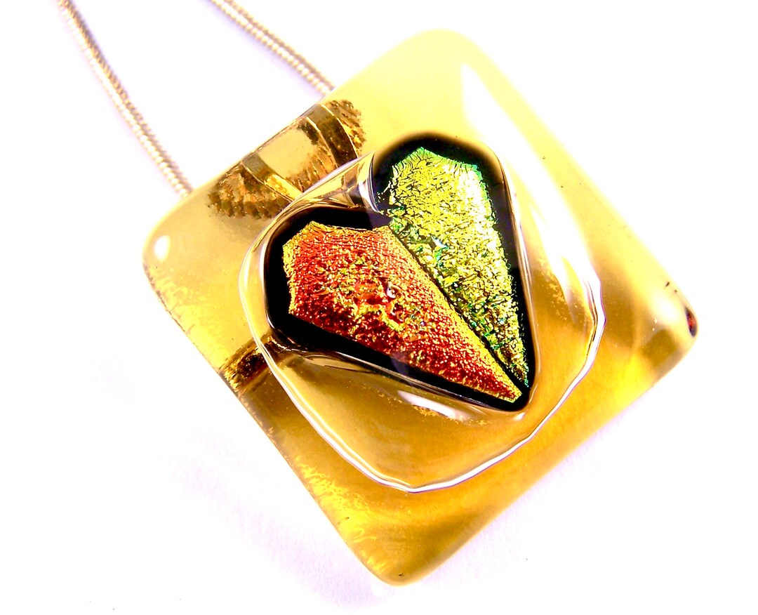 Dichroic Glass Heart Pendant and Pin - Amber Tan Yellow Gold Copper ...