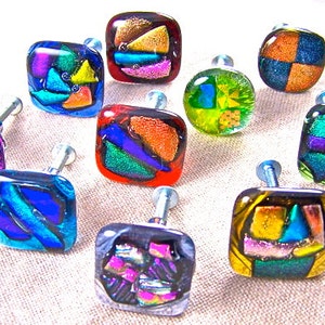 Dichroic Glass Knobs - Drawer Pull Cabinet Handle - Abstract Mosaic 1" / 25mm - Silver Blue Gold ...