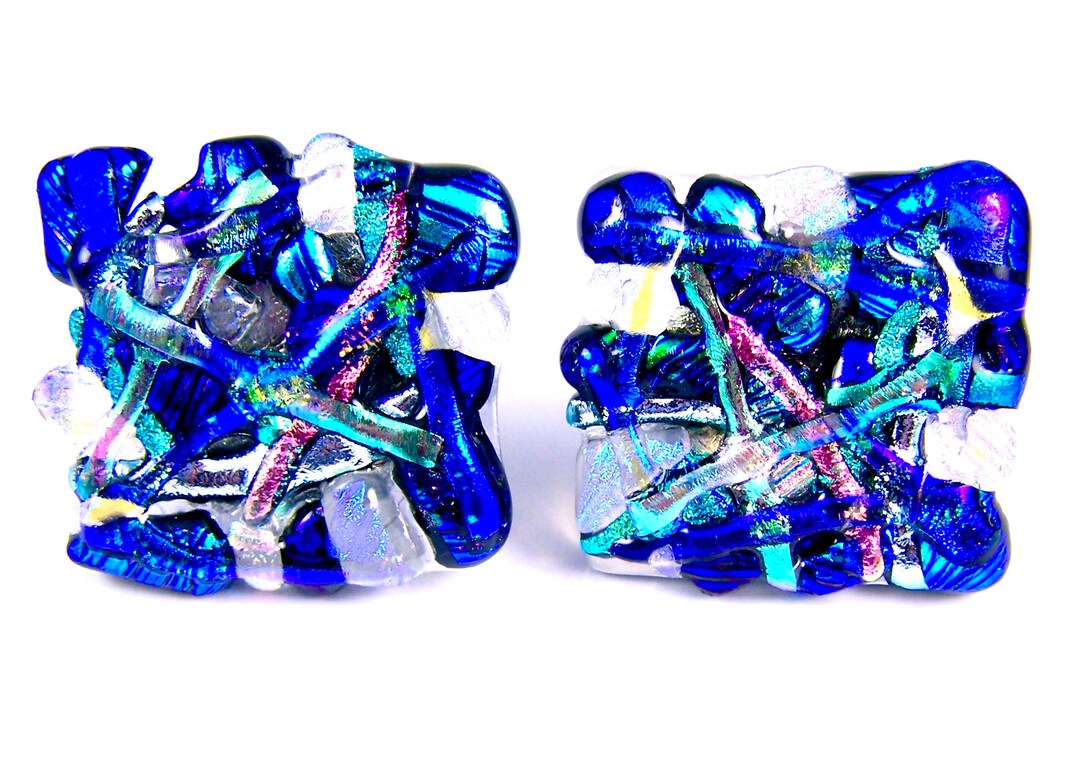 Dichroic Glass Knobs Set of 2 Drawer Pull Cabinet Handle Mosaic 1 / 25mm Teal Clear Blue Sea ...