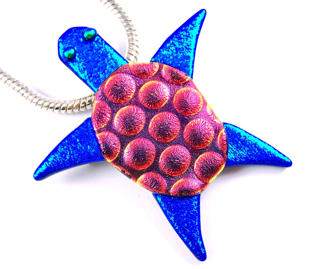 Sea Turtle Dichroic Glass Pin AND Pendant - Cobalt Sapphire Blue Copper ...