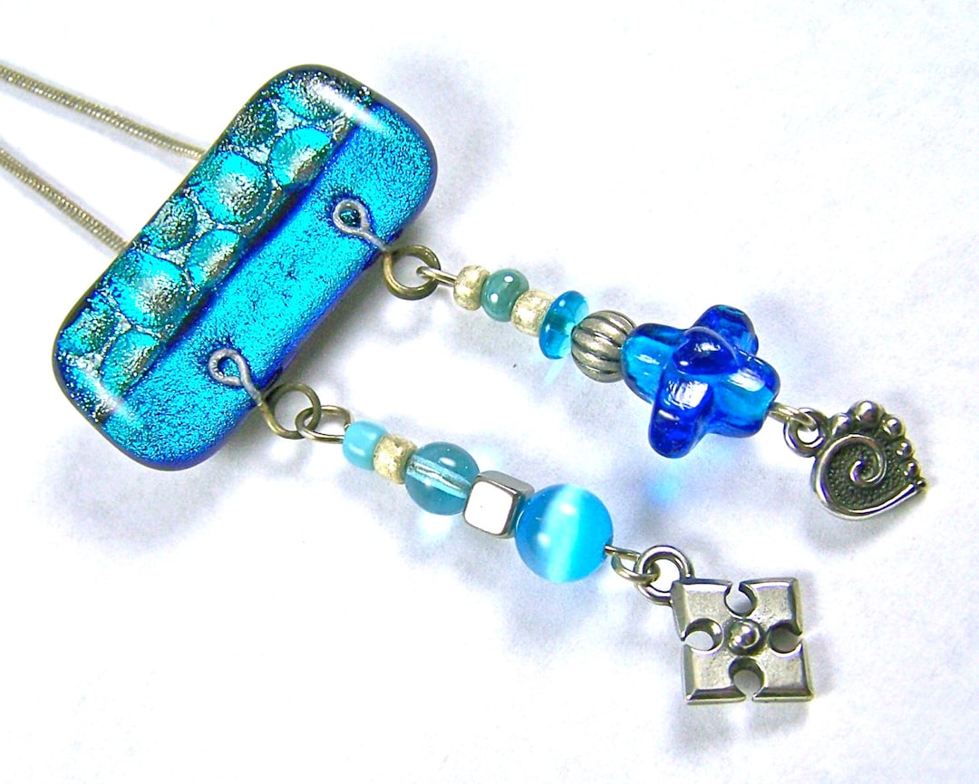 Dichroic GLASS Pin AND Pendant Cross & Heart Charms Turquoise Blue ...