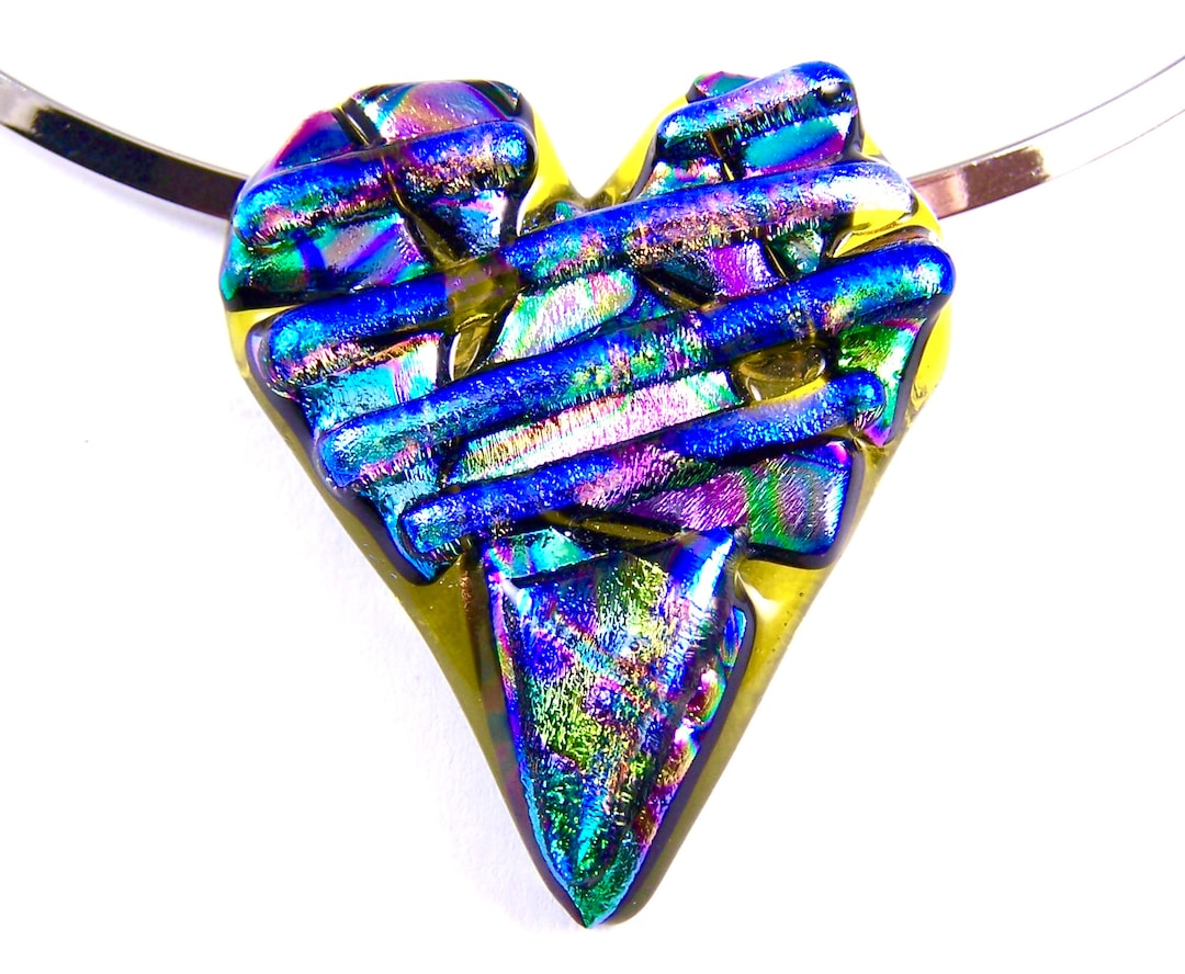 Dichroic Glass Heart Pin AND Pendant - Tie Dye Patterned Shards Rainbow ...