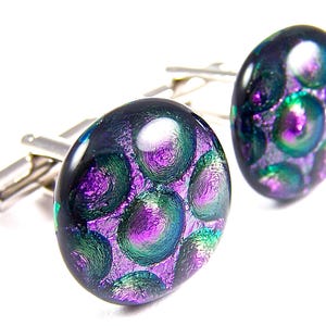 Dichroic Fused Glass Tuxedo Tux Studs Cuff Links Set Purple Violet Teal ...