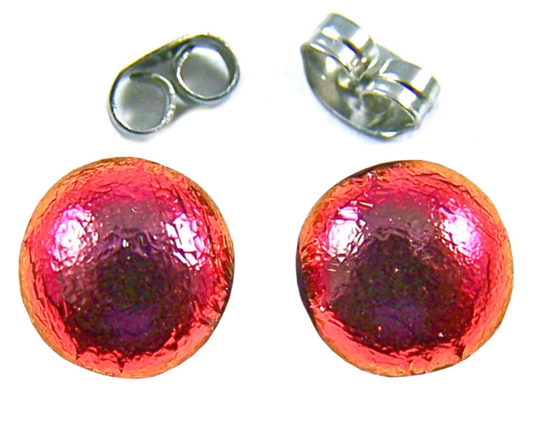 Tiny Dichroic Glass Earrings 1/4 7mm Rust Red Copper Orange Fused Glass ...