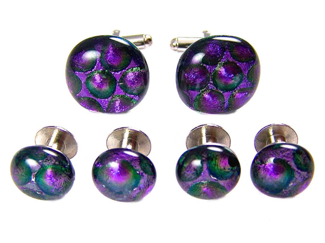 Dichroic Fused Glass Tuxedo Tux Studs Cuff Links Set Purple Violet Teal ...
