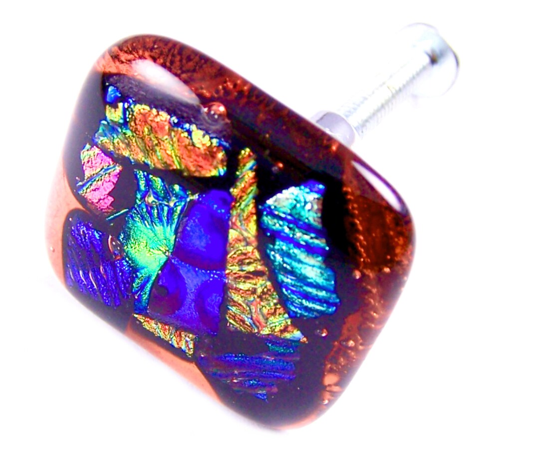 Dichroic Fused Glass Knobs Cabinet or Drawer Pull Handle Abstract Mosaic 1 / 25mm Sunset Coral ...