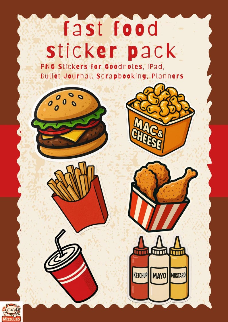 Fast Food Digital Sticker Pack, 6 Burger Fries PNG Clipart, Planner ...