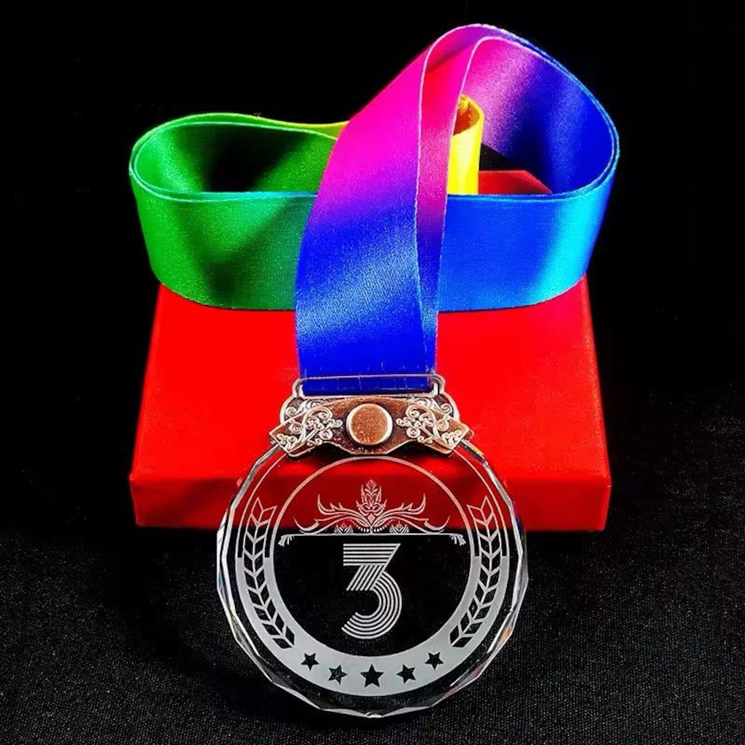 Custom Crystal Medal: Laser-engraved Glass Award With Rainbow Ribbon - Etsy