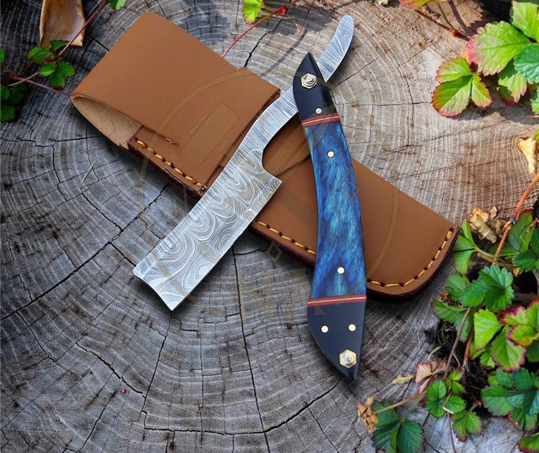 Personalized Straight Razor With Leather Pouch – Handmade Damascus ...