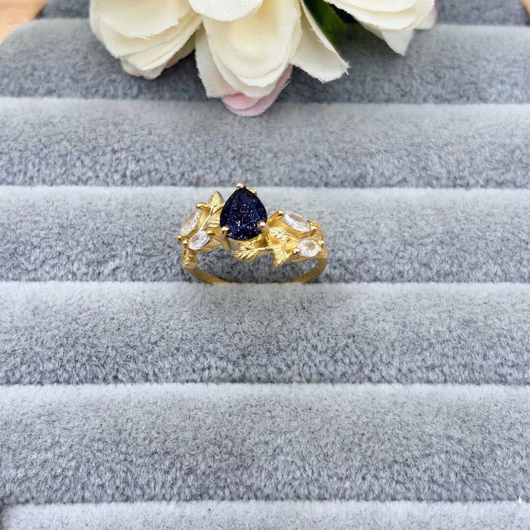 Blue Sandstone Diamond Ring, 10K Gold Ring Unique Dainty Three Gemstone ...