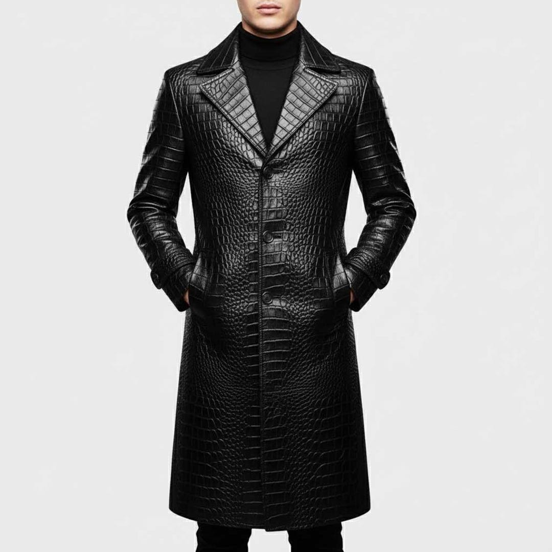Men’s Black Crocodile Embossed Leather Trench Coat | Handmade Long ...