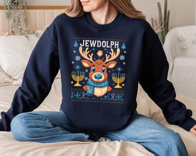 Jewdolph Hanukkah Sweatshirt, Funny Reindeer Hanukkah Sweat, Hannukah ...