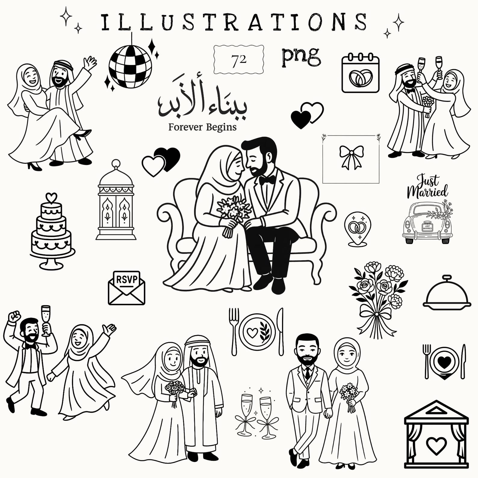 Arab Wedding Clipart Bundle | Muslim Couple Line Art PNG Icons ...