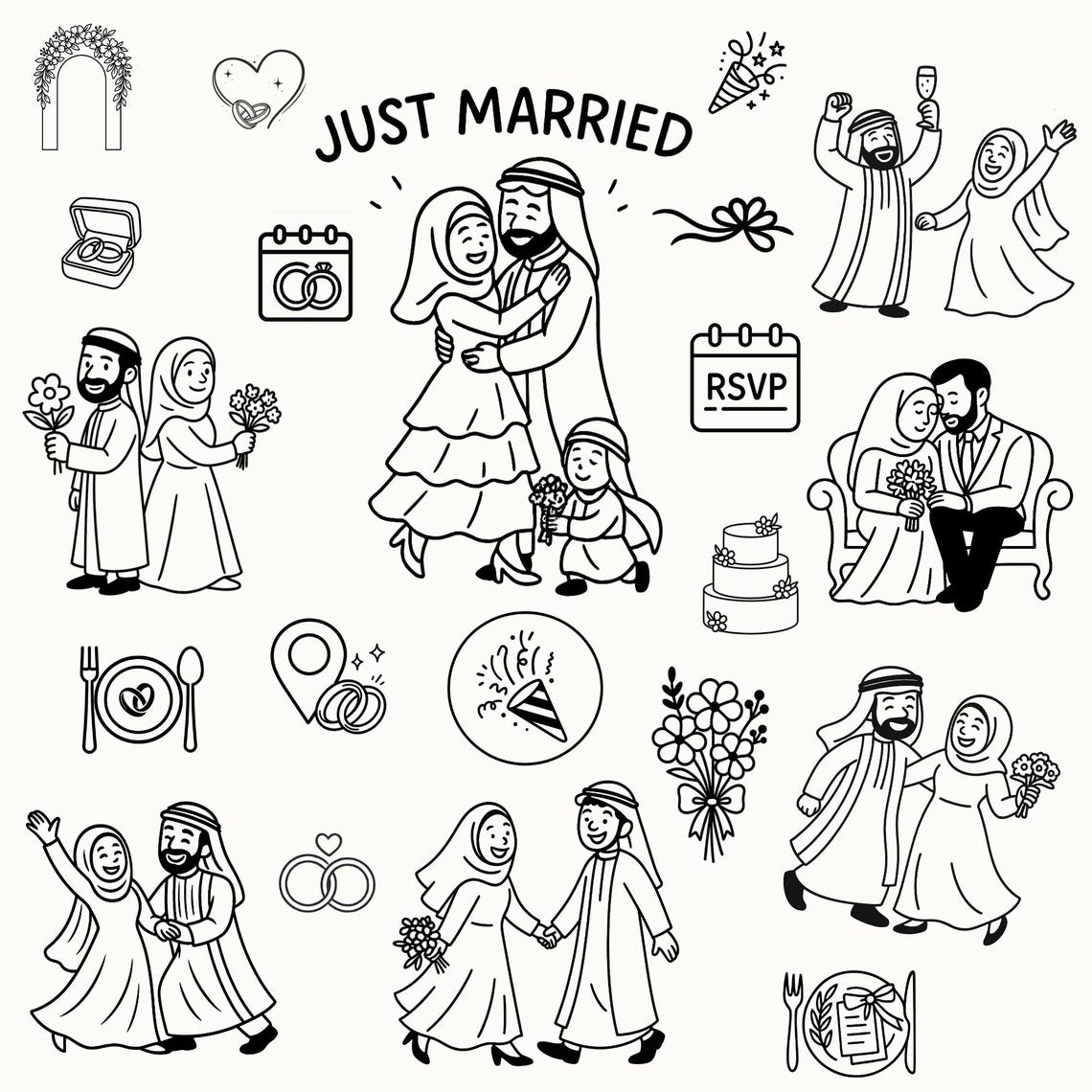 Arab Wedding Clipart Bundle | Muslim Couple Line Art PNG Icons ...