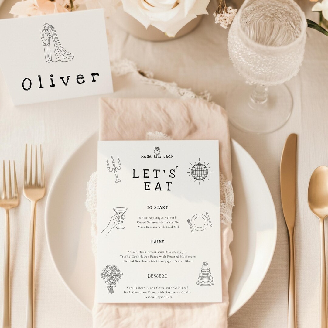 Hand-drawn Wedding Menu & Place Cards Template | Editable Canva ...