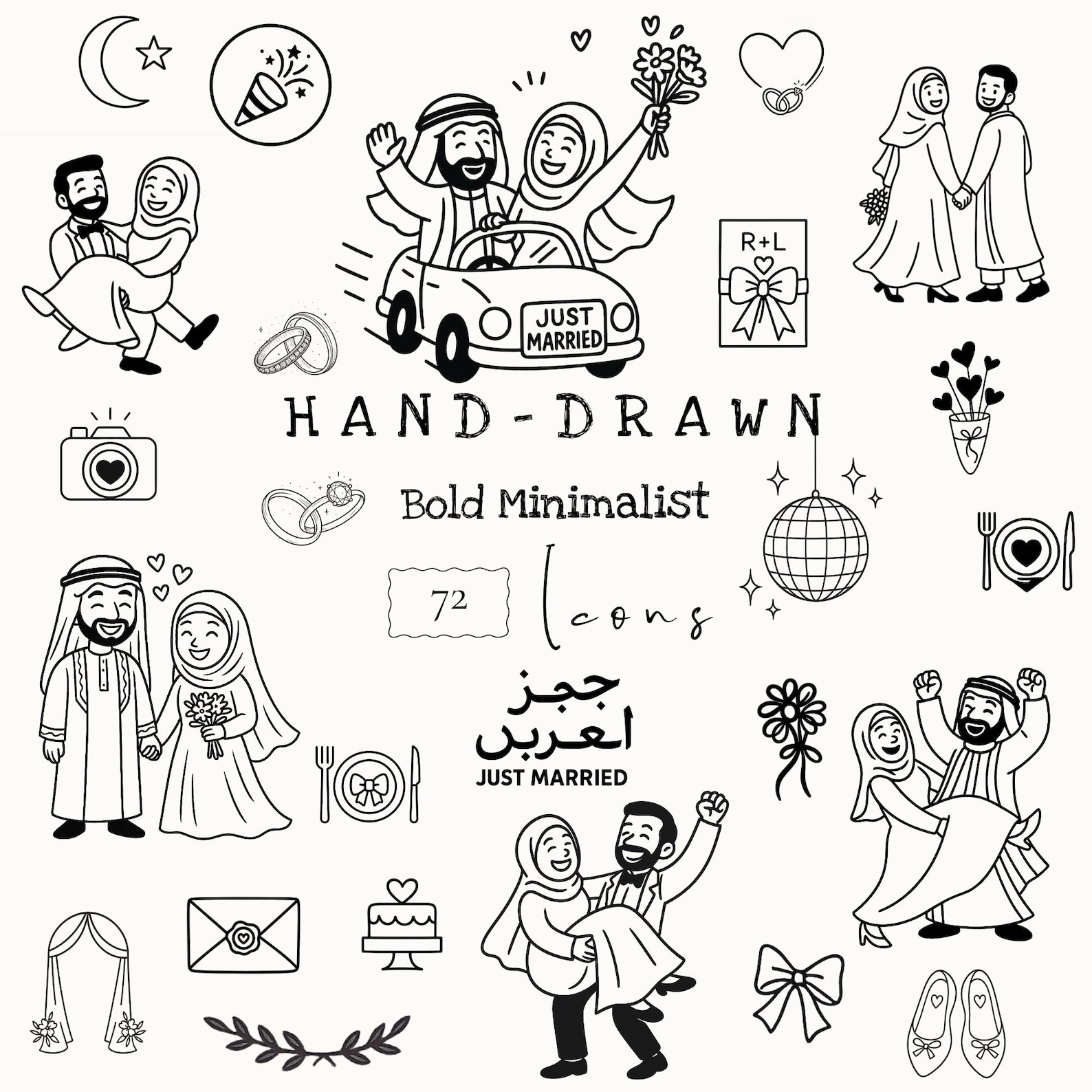 Arab Wedding Clipart Bundle | Muslim Couple Line Art PNG Icons ...