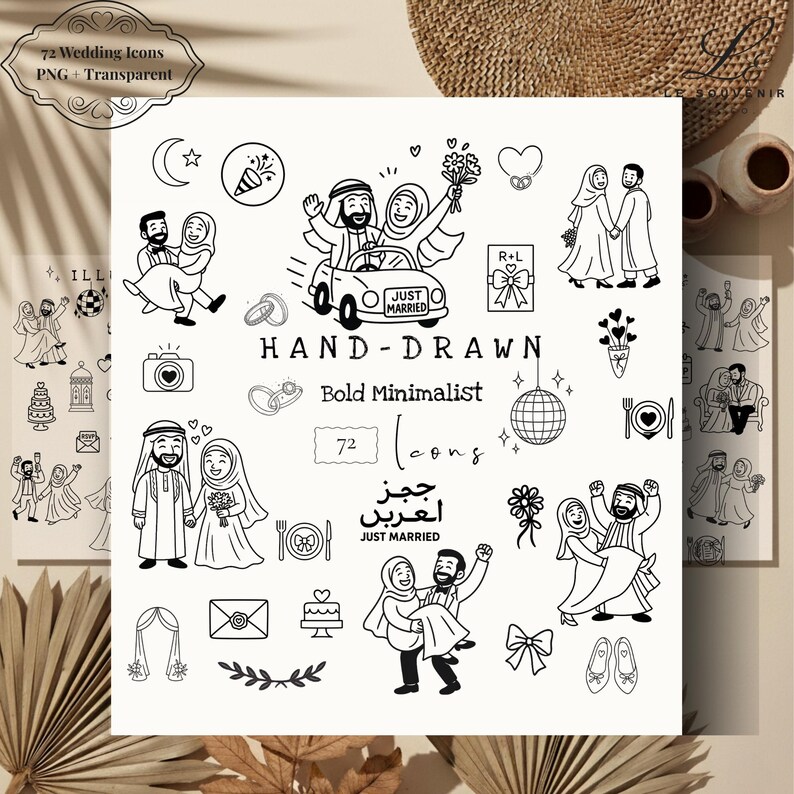 Arab Wedding Clipart Bundle | Muslim Couple Line Art PNG Icons ...