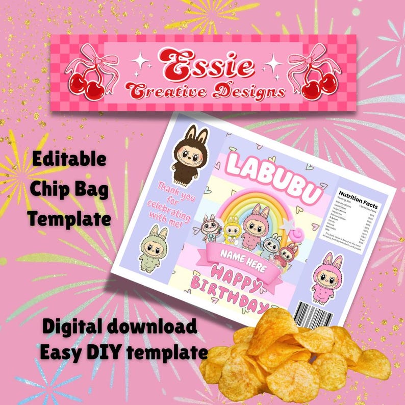 Labubu Birthday Chip Bag Template: Editable Party Favor (digital ...