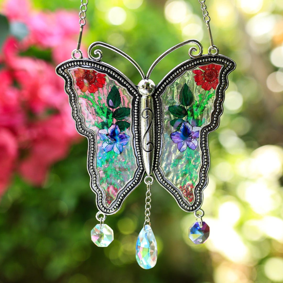 Iridescent Glass Butterfly Suncatcher, Light-gathering Decoration, Hand ...