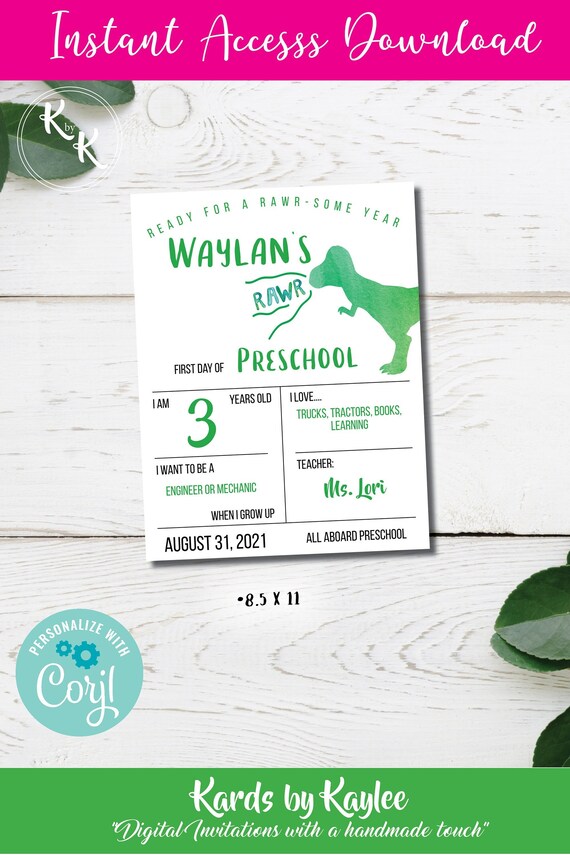 First Day of School Sign - Dinosaur - Instant Download Poster - 1st Day ...