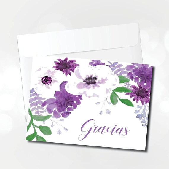 Spanish Thank you Note 25 Pack with Envelopes - Purple Watercolor ...
