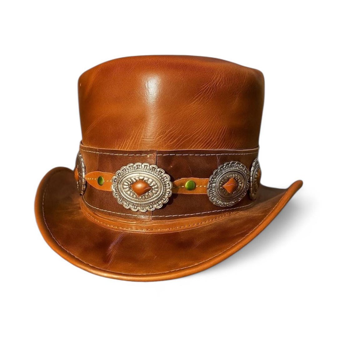 Rustic Brown Leather Steampunk Top Hat: Chromed Silver Conchos Gothic ...