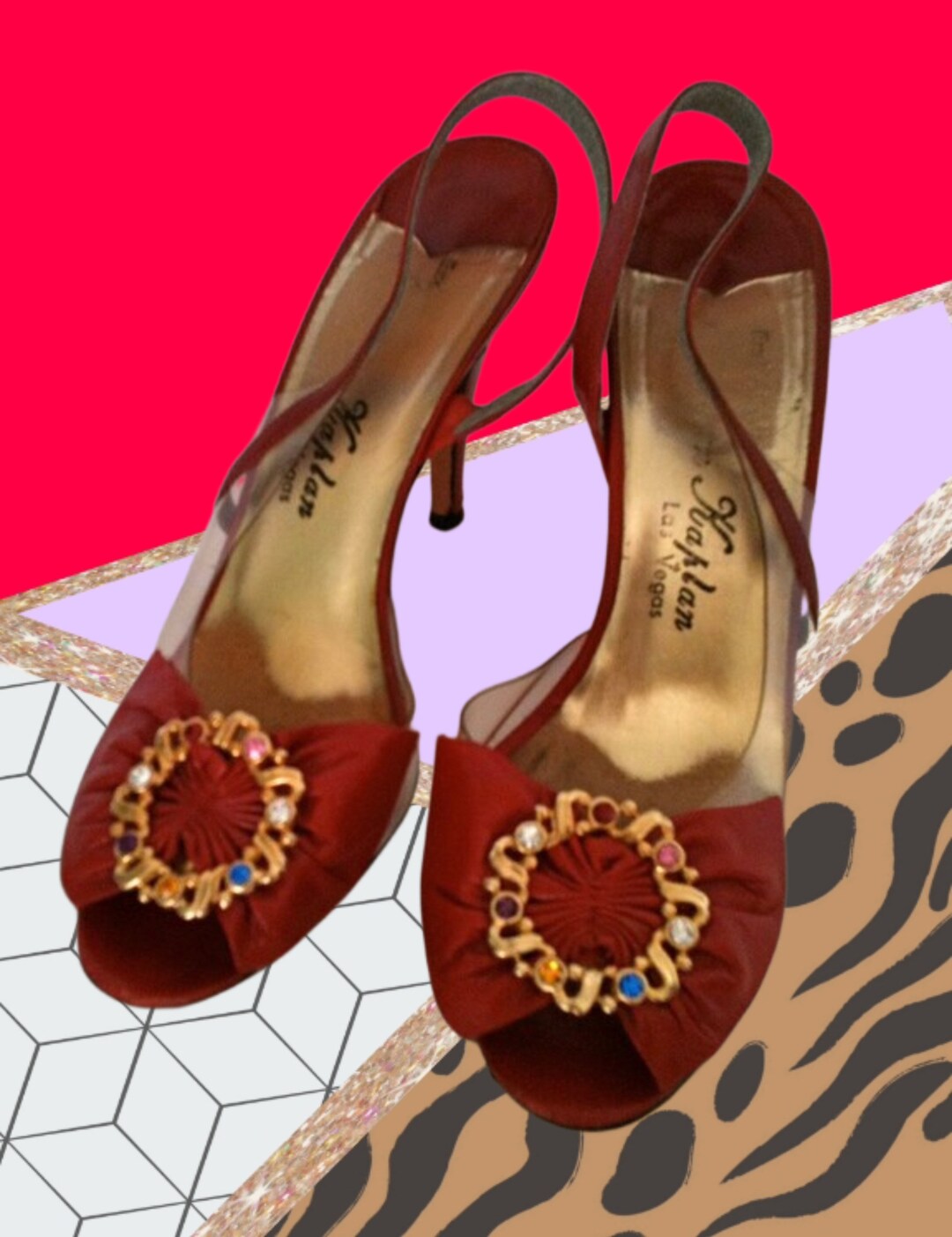 Vintage Red Leather/clear Plastic Peep Toe Sling Back Heels - Circa ...