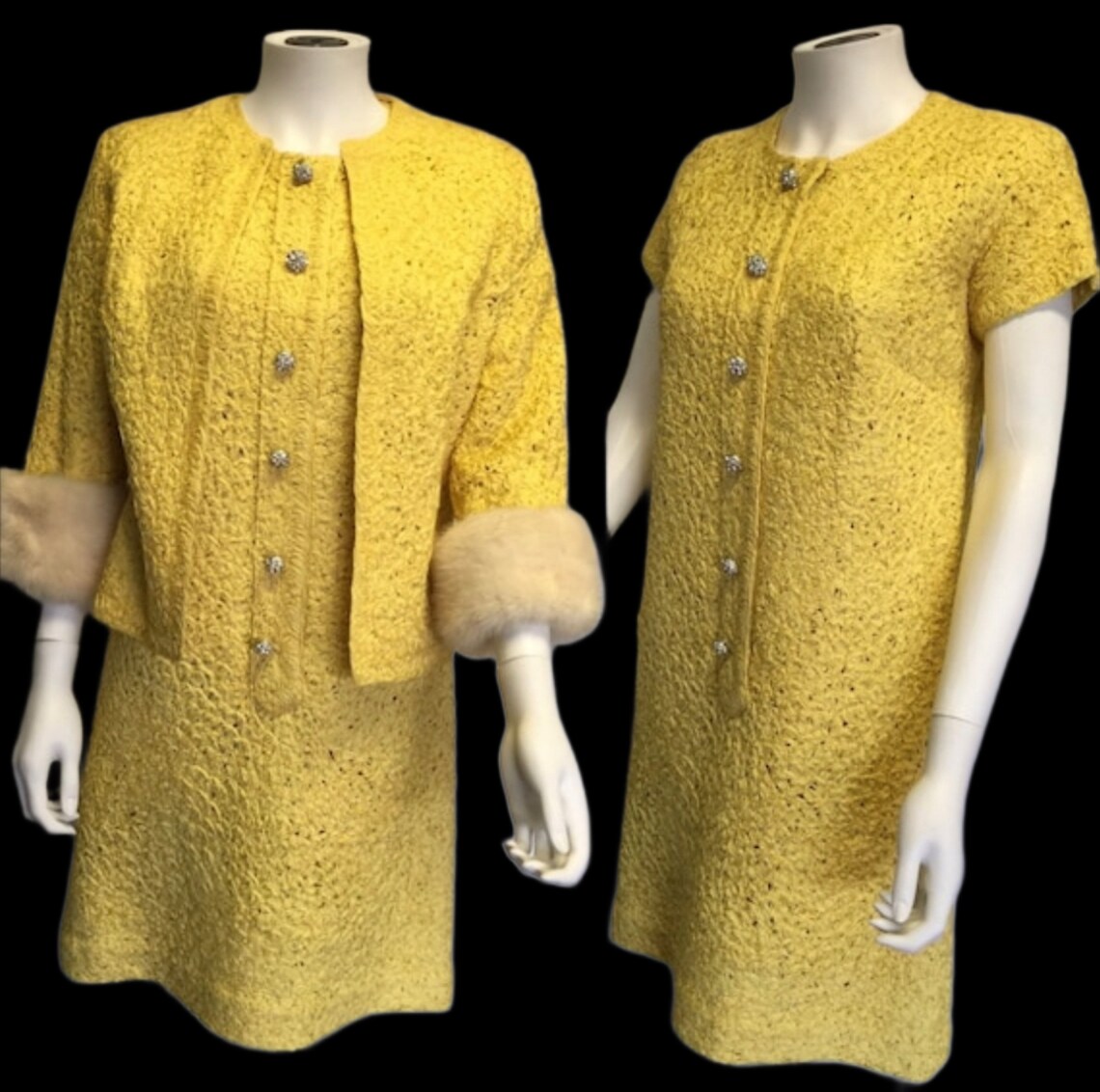 Vintage Lemon Meringue Silk Ribbon Dress With Mink Cuffed Box Jacket ...
