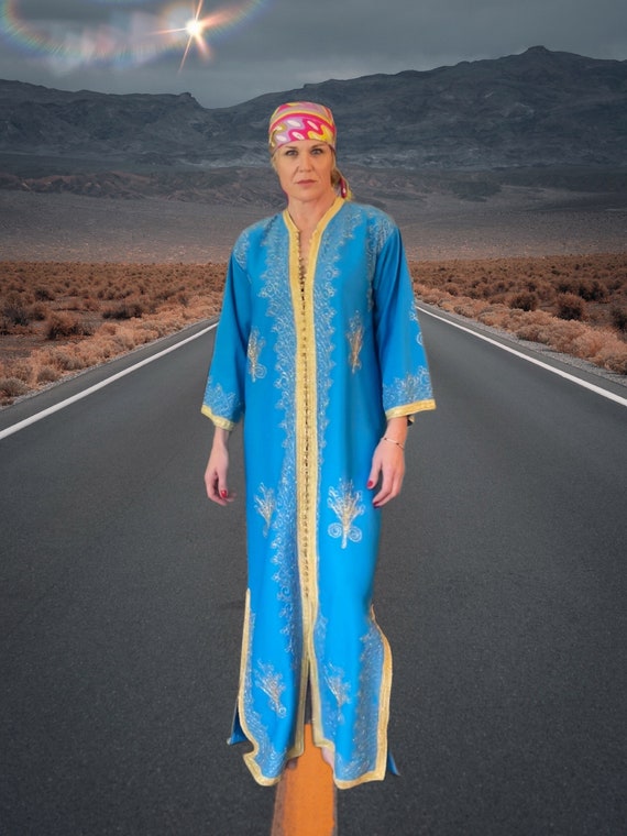 Vintage Electric Blue Ethnic Gold Embroidered Caftan - Gem