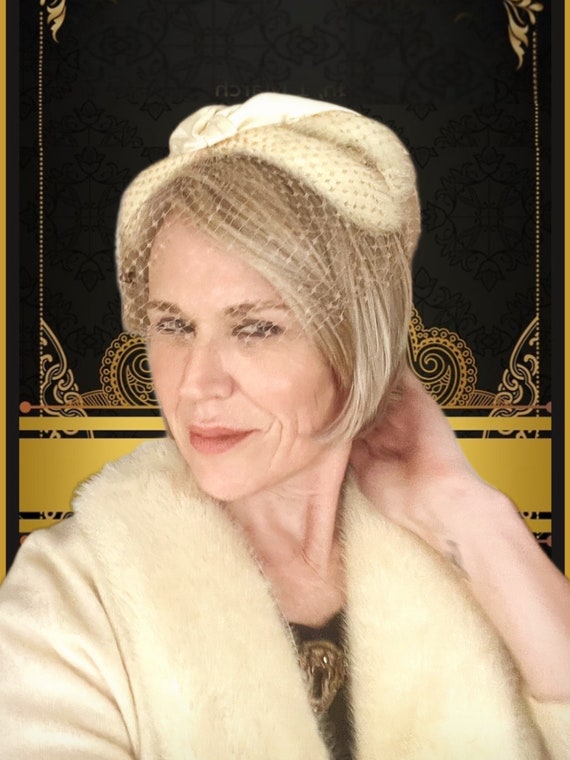 Mid Century Ivory Satin and Mink Wedding Fascinator w… - Gem