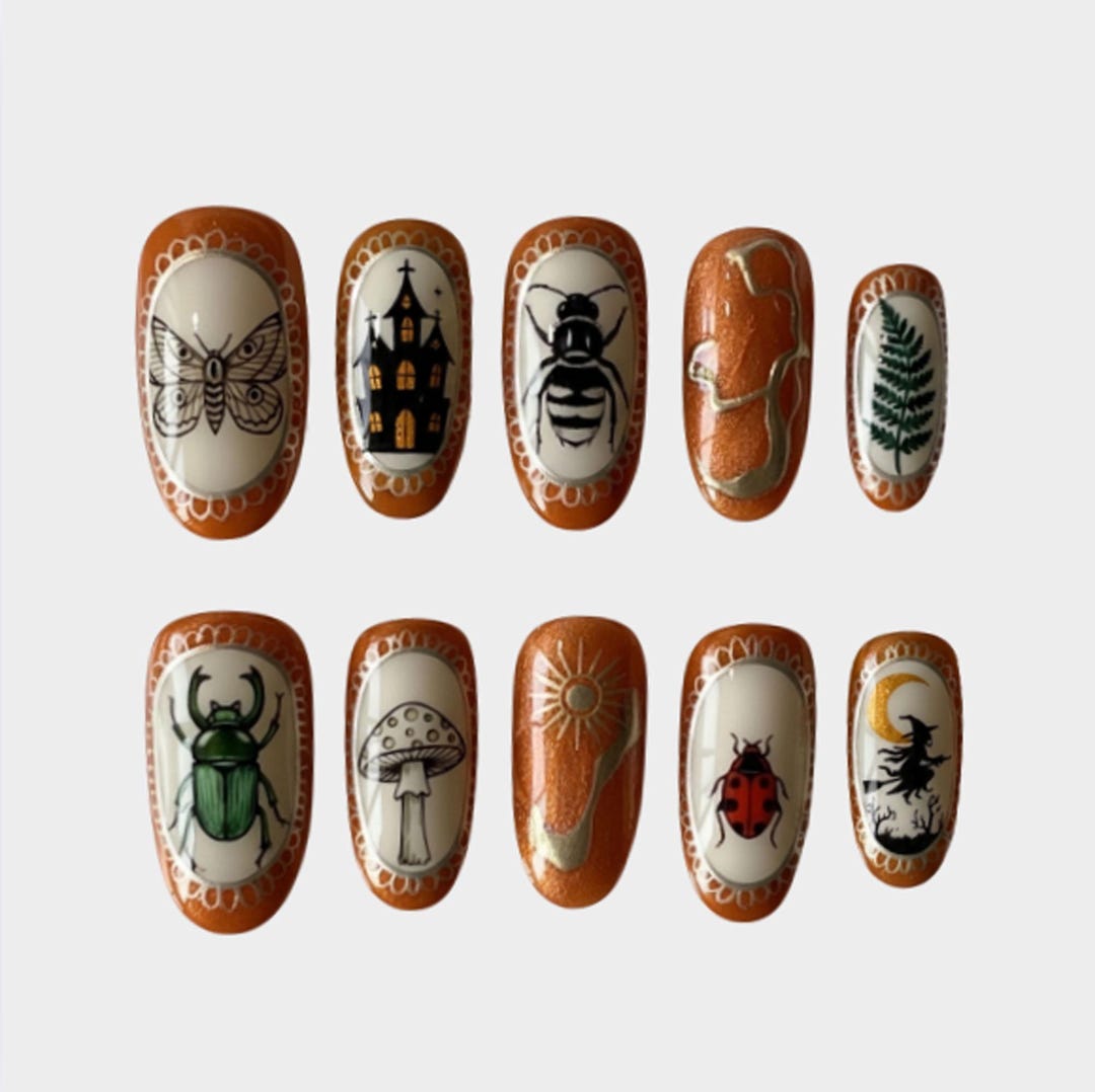 Handmade Autumn Witch Press on Nails | Beetle, Moth, Ladybug, Mushroom ...