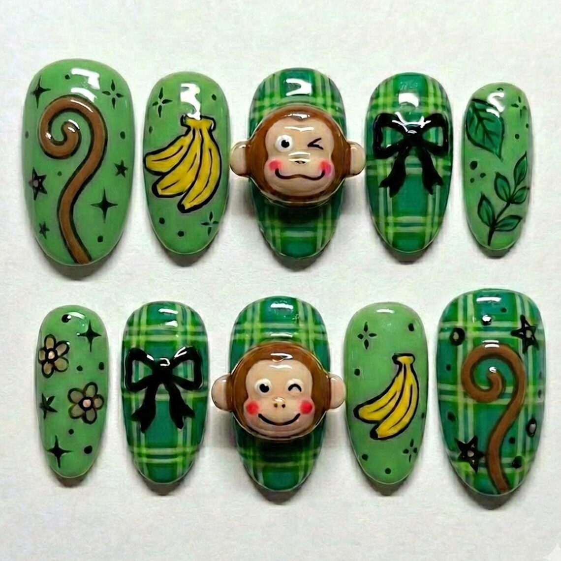 Handmade Cute Monkey Press on Nails | Green Plaid Banana Bow Art | Long ...