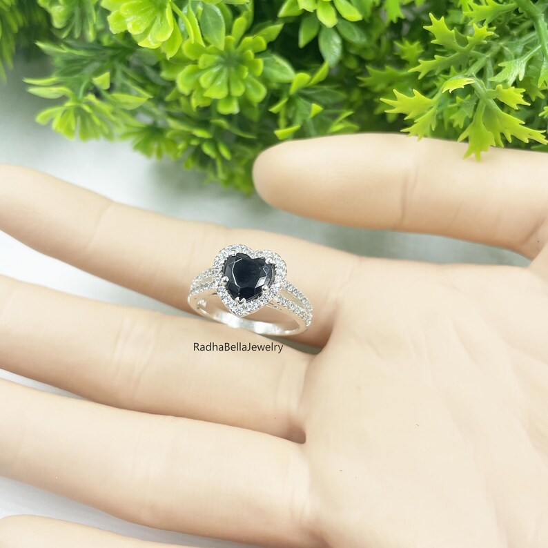 Black Heart Diamond Engagement Ring, Split Shank, 925 Sterling Silver ...