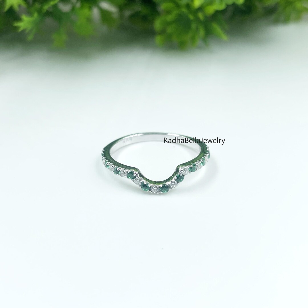 Emerald & Diamond Sterling Silver Contour Ring, U Shape Wedding Band - Etsy