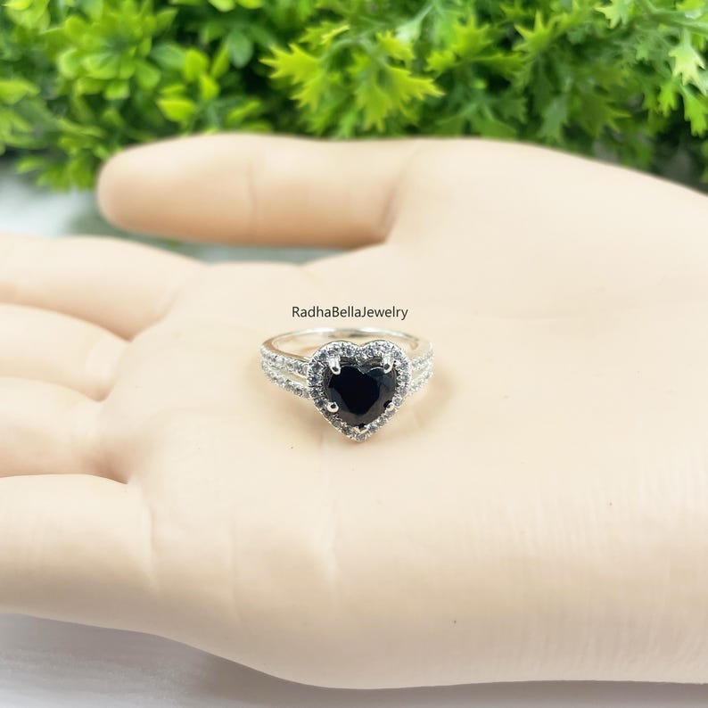 Black Heart Diamond Engagement Ring, Split Shank, 925 Sterling Silver ...