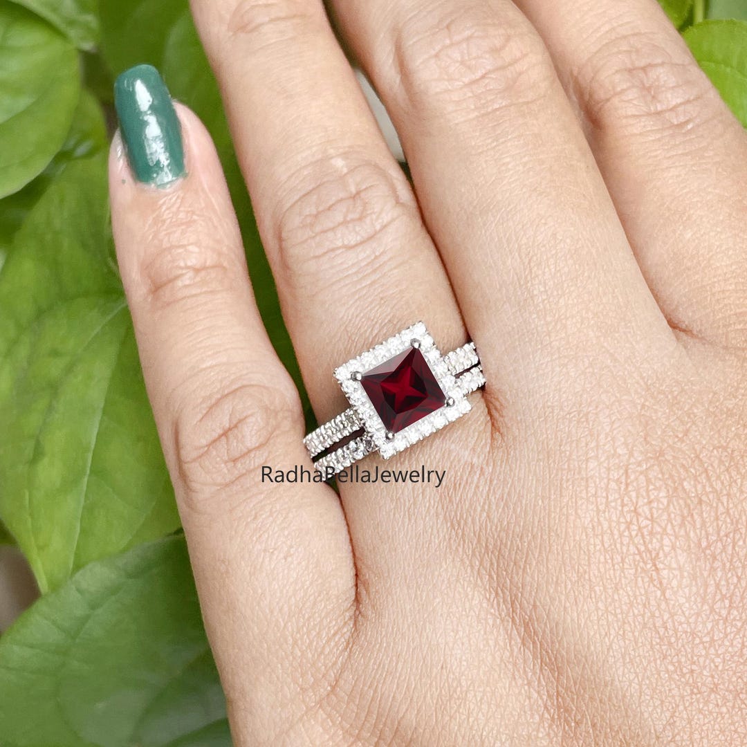 Princess Cut Garnet and Diamond Halo Engagement Bridal Set, 925 ...